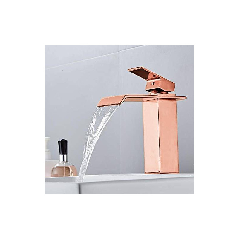 Griferia Lavamanos Monocontrol Oro Rosa Baja Cascada Pico Largo